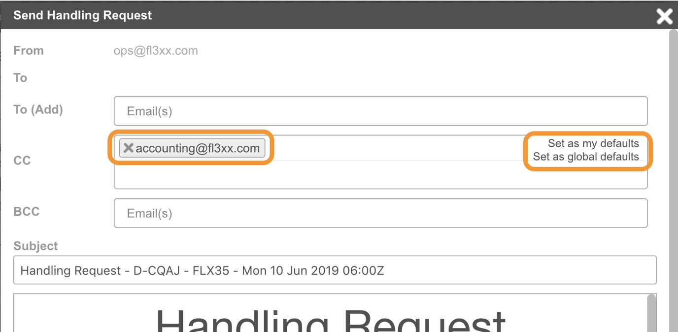 How to add default CCs to Handling Requests